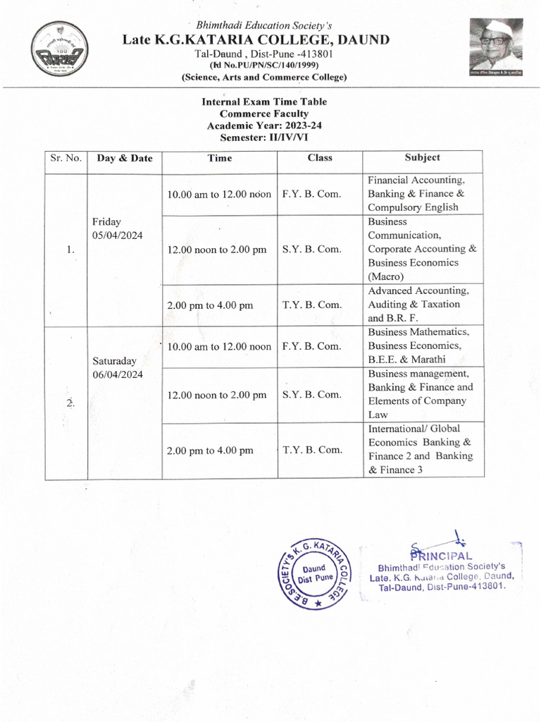 Internal Exam Time Table April 2024 | PDF