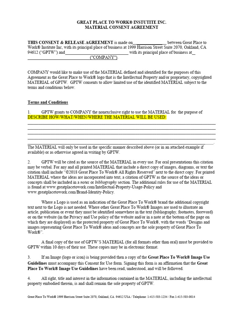 GPTW Material Consent Form | PDF | Copyright | Citation