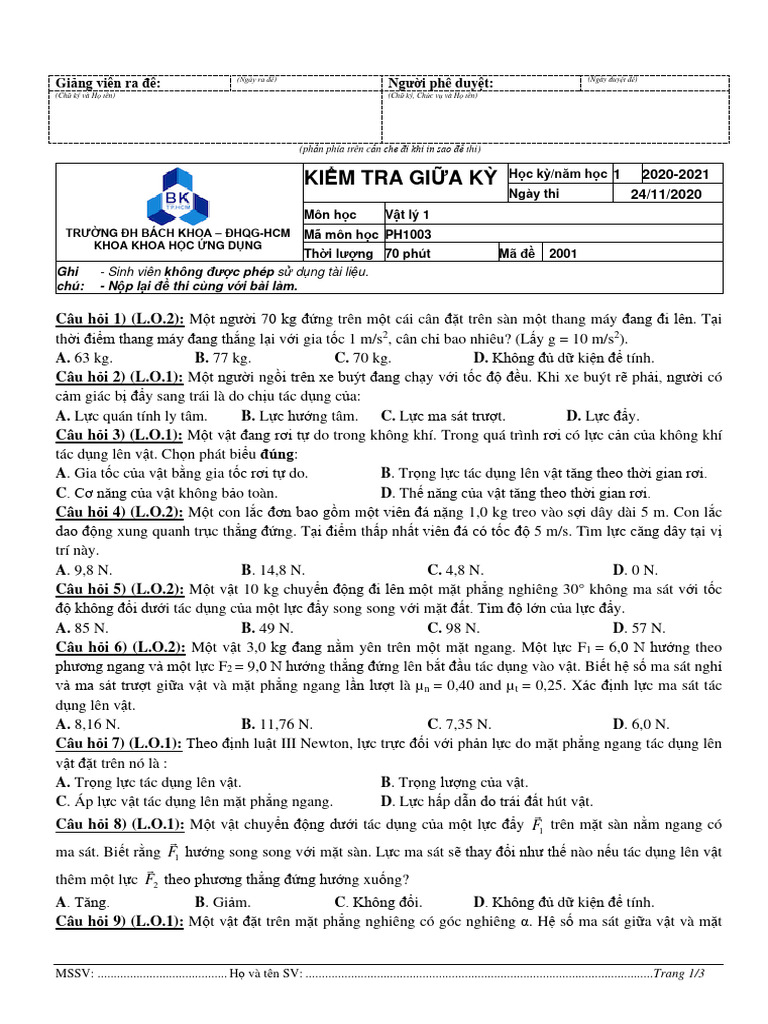 Đề giữa kỳ Vật lý 1 HK201 - đề số 2001 | PDF