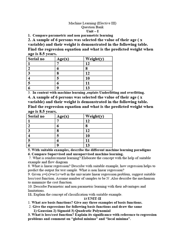 QUESTION BANK_ML_UNIT1,2,3 (1) | PDF | Linear Regression | Mean Squared Error