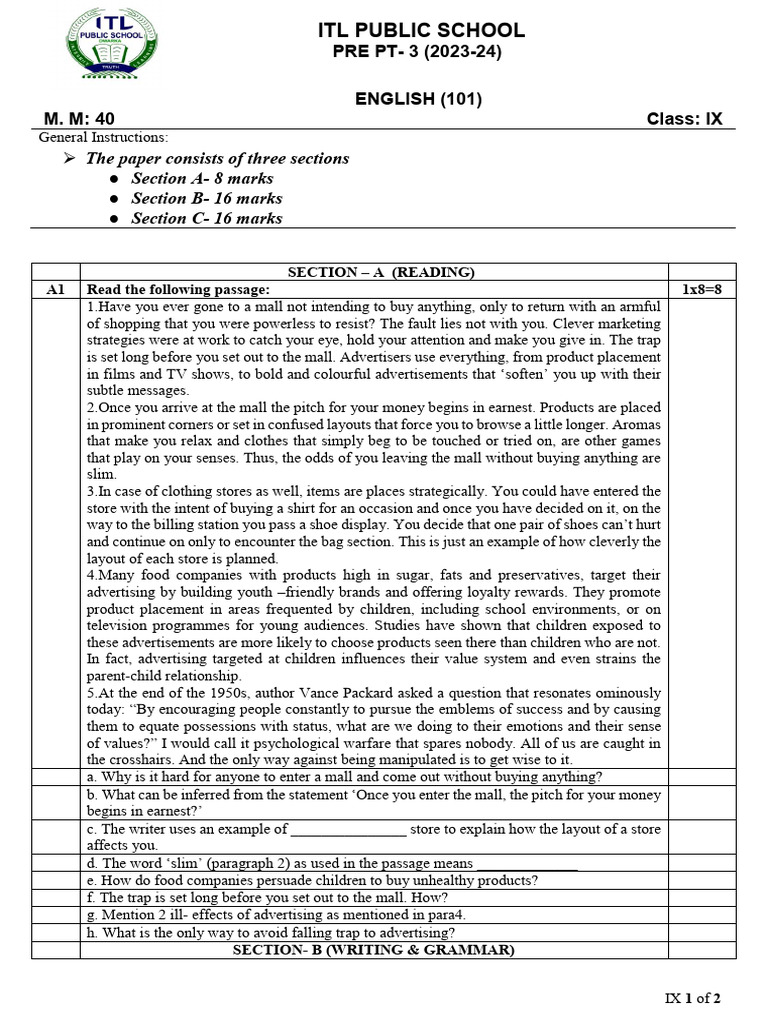 Pre PT3 Class Ix 2023 | PDF | Advertising