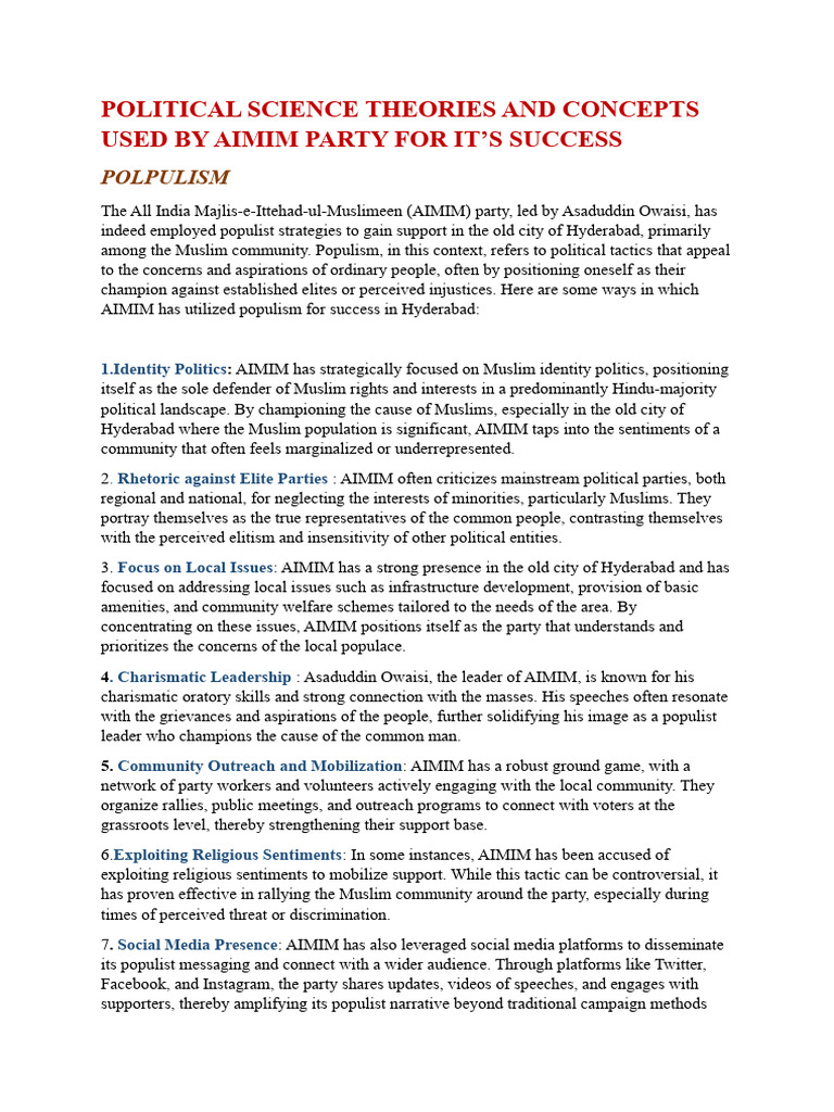 POLITICAL SCIENCE THEORIES AND CONCEPTS USED BY AIMIM PARTY FOR IT ...