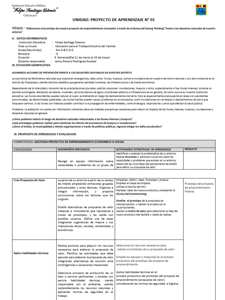 Unidad Didactica Por Proyecto N°01-Ept-4to Grado | PDF | Aprendizaje | Iniciativa empresarial