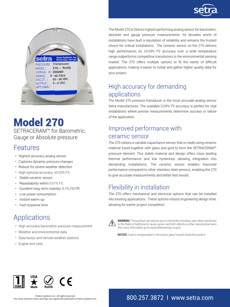 Setra Model 270 Data Sheet | PDF | Pressure Measurement | Sensor