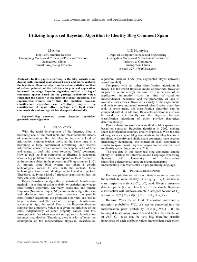 2 Utilizing Improved Bayesian Algorithm To Identify Blog Comment Spam ...