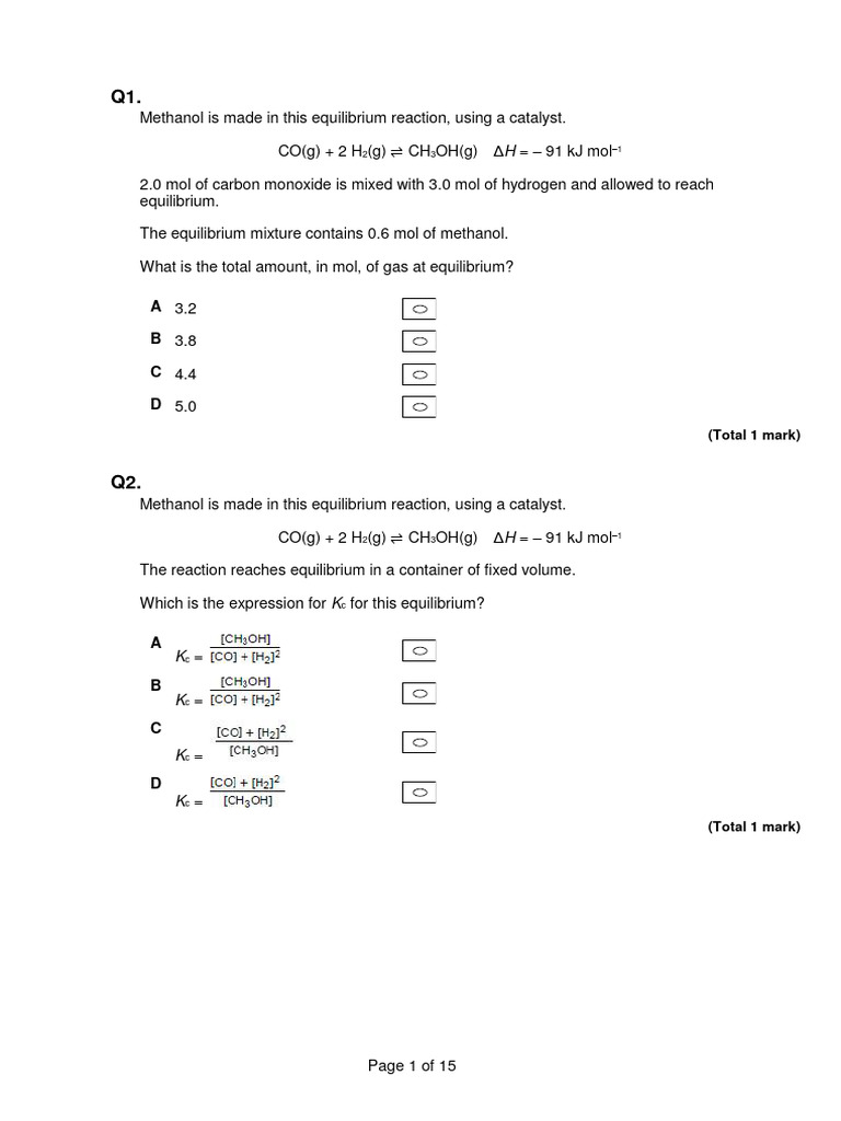Equilibrium Homework Mark Scheme | PDF | Chemical Equilibrium | Methanol