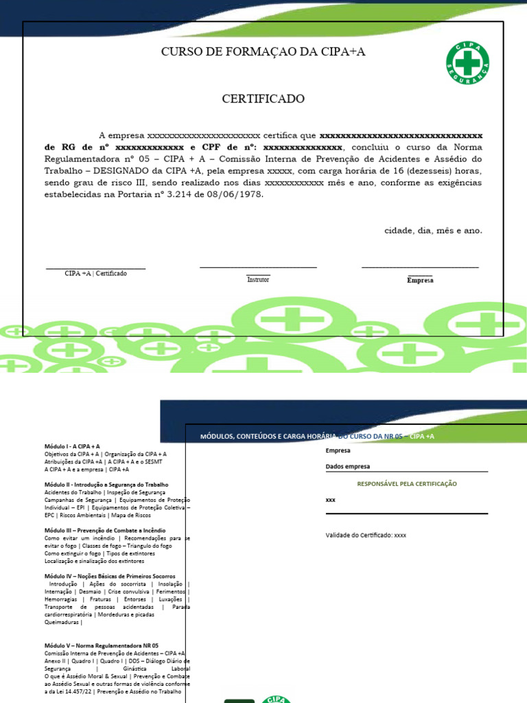 Modelo CERTIFICADO NR 05 CIPA + Assedio | PDF | Perigos | Segurança