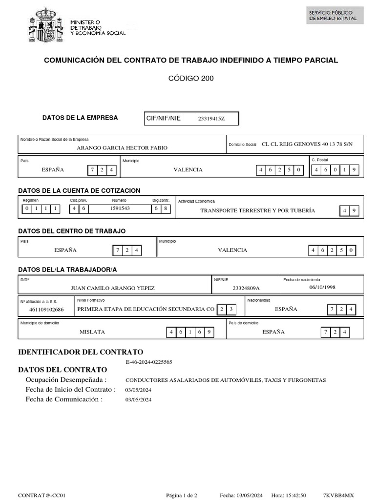 Comunicacion Contrato Trabajo Sepe | PDF