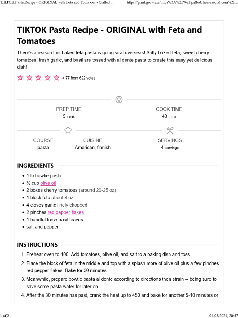 TIKTOK Pasta Recipe - OrIGINAL With Feta and Tomatoes - Grilled Cheese Social | PDF | Pasta | Garlic