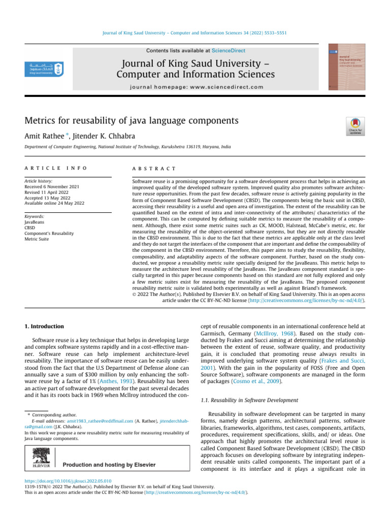 Metrics For Reusability Of Java Language Components Pdf Component Based Software Engineering 