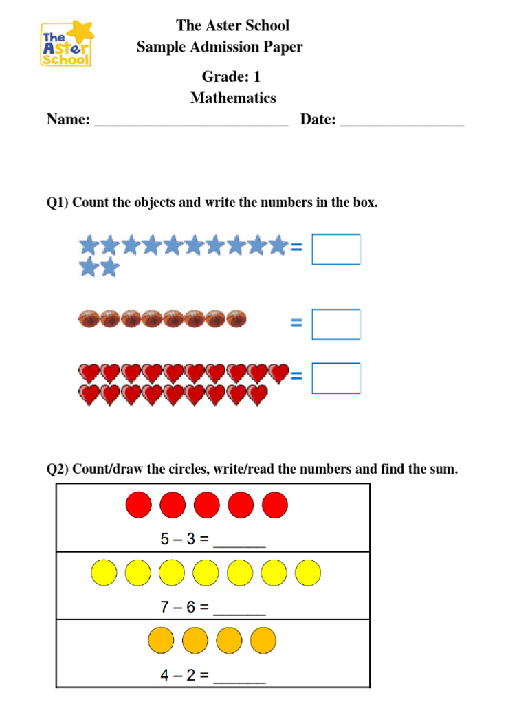 Admission Test Paper Grade 1 | PDF