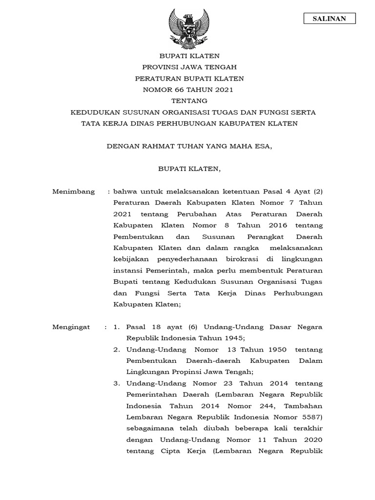 Perbup Nomor 66 Tahun 2021 Tentang SOTK Dishub | PDF