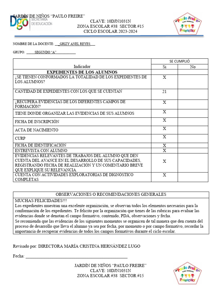 Rubrica para Revisión de Expedientes Octubre | PDF | Educación de la ...