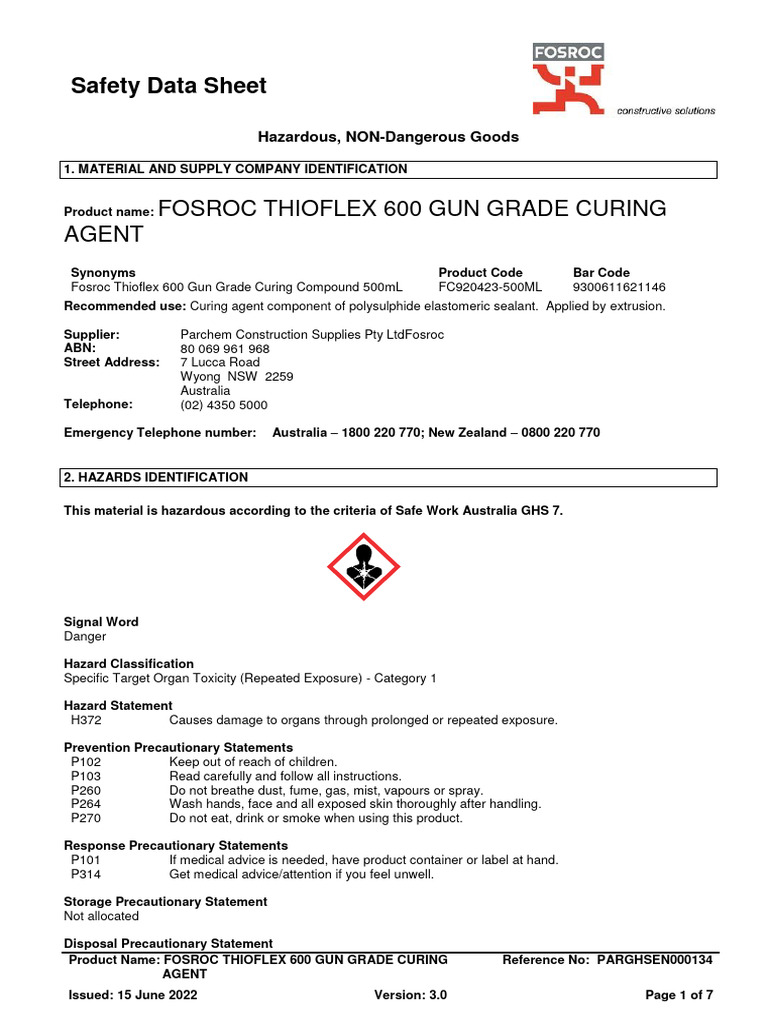 Fosroc Thioflex 600 Gun Grade Curing Agent-Aus GHS | PDF | Toxicity ...
