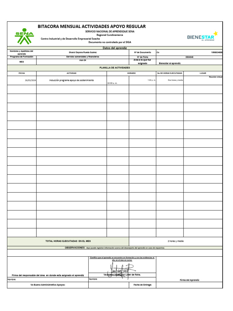 Bitácora Mensual de Actividades SENA | PDF