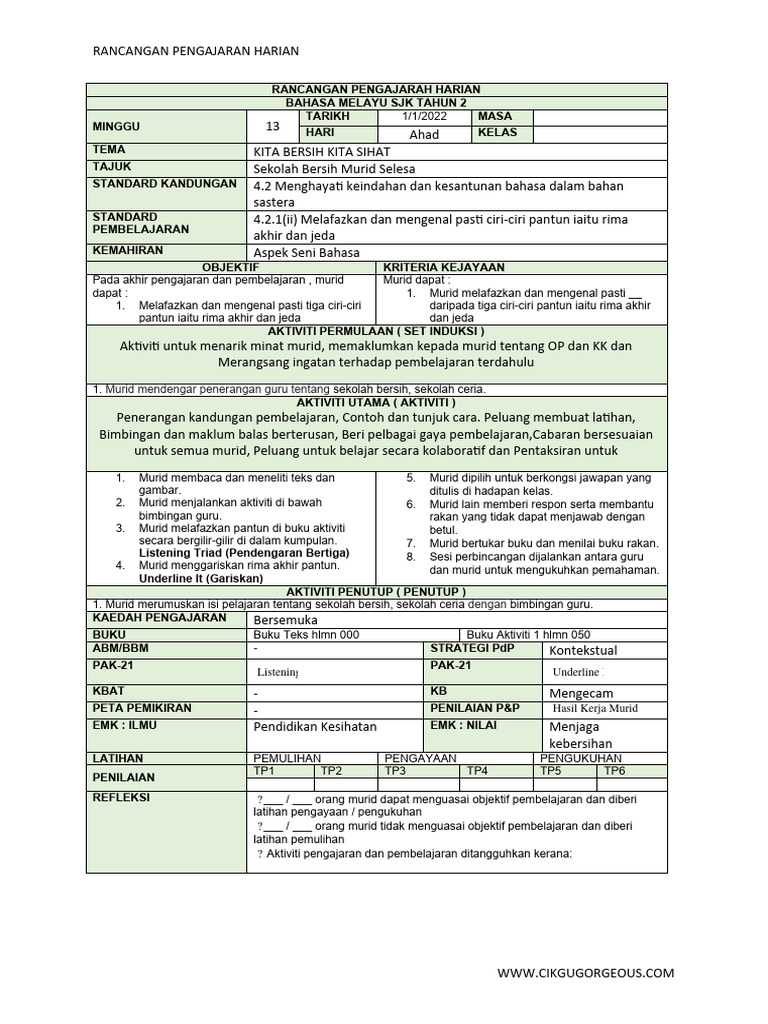 RPH Minggu 13 BM SJK THN 2 by Cikgu Gorgeous | PDF