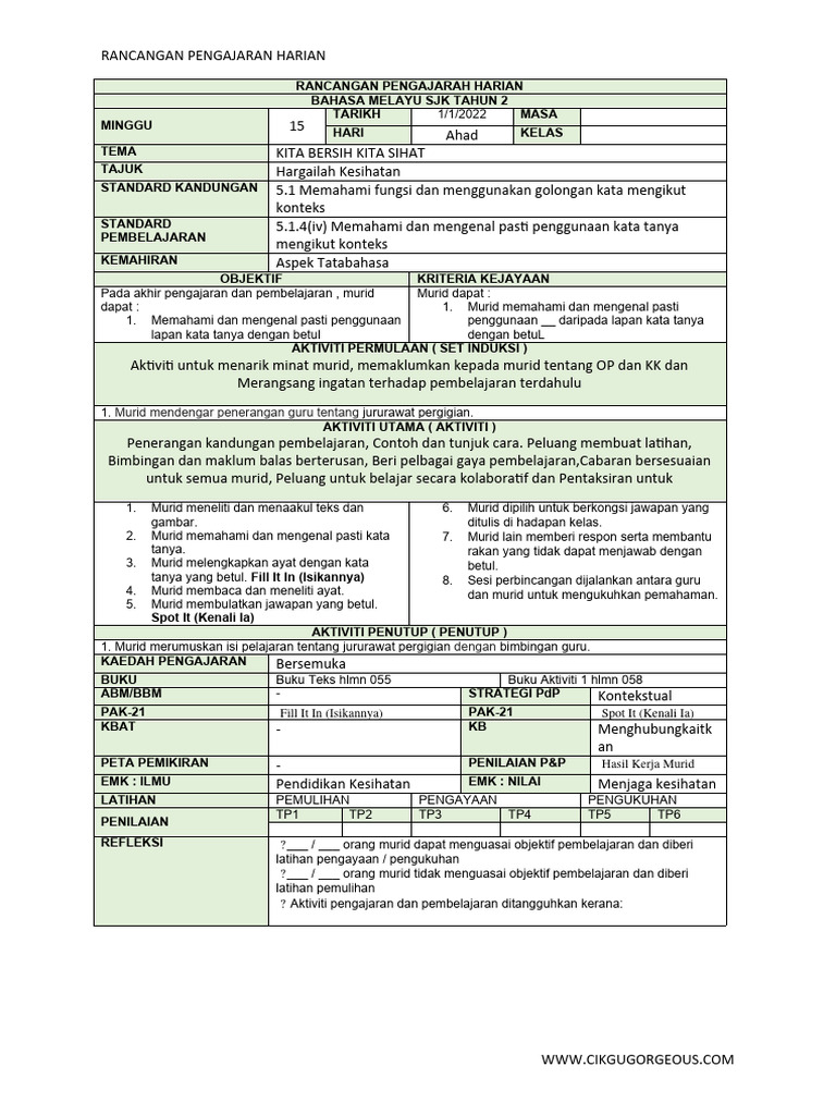 RPH Minggu 15 BM SJK THN 2 by Cikgu Gorgeous | PDF