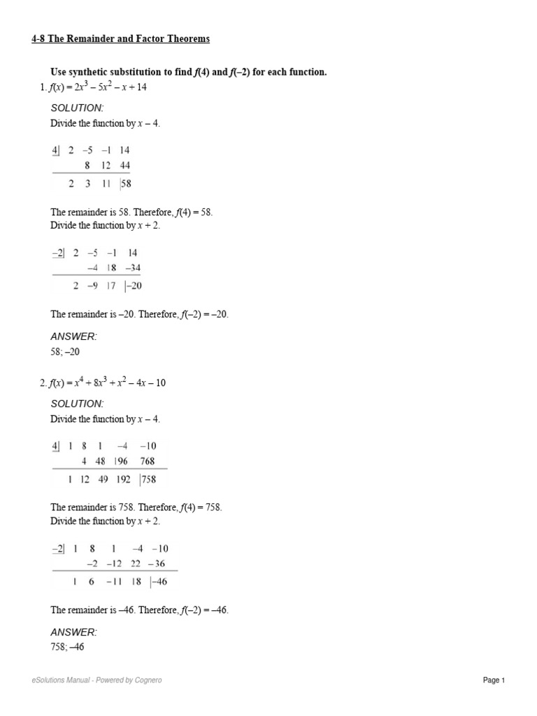 4 8 The Remainder and Factor Theorems | PDF | Polynomial | Zero Of A Function
