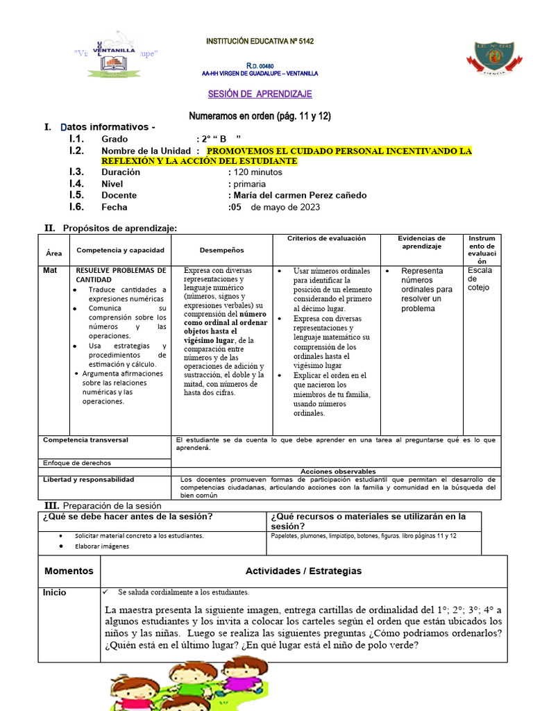 Sesion Mat Numeros Ordinales | PDF | Aprendizaje | Cognición
