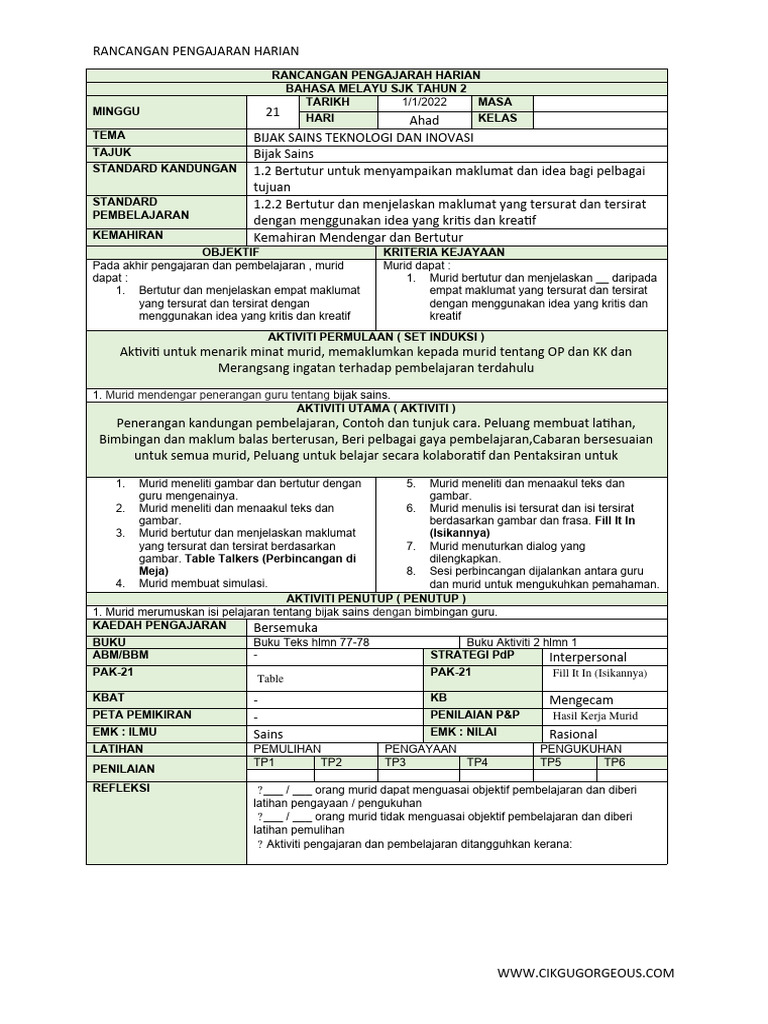 RPH Minggu 21 BM SJK THN 2 by Cikgu Gorgeous | PDF | Sains & Matematika