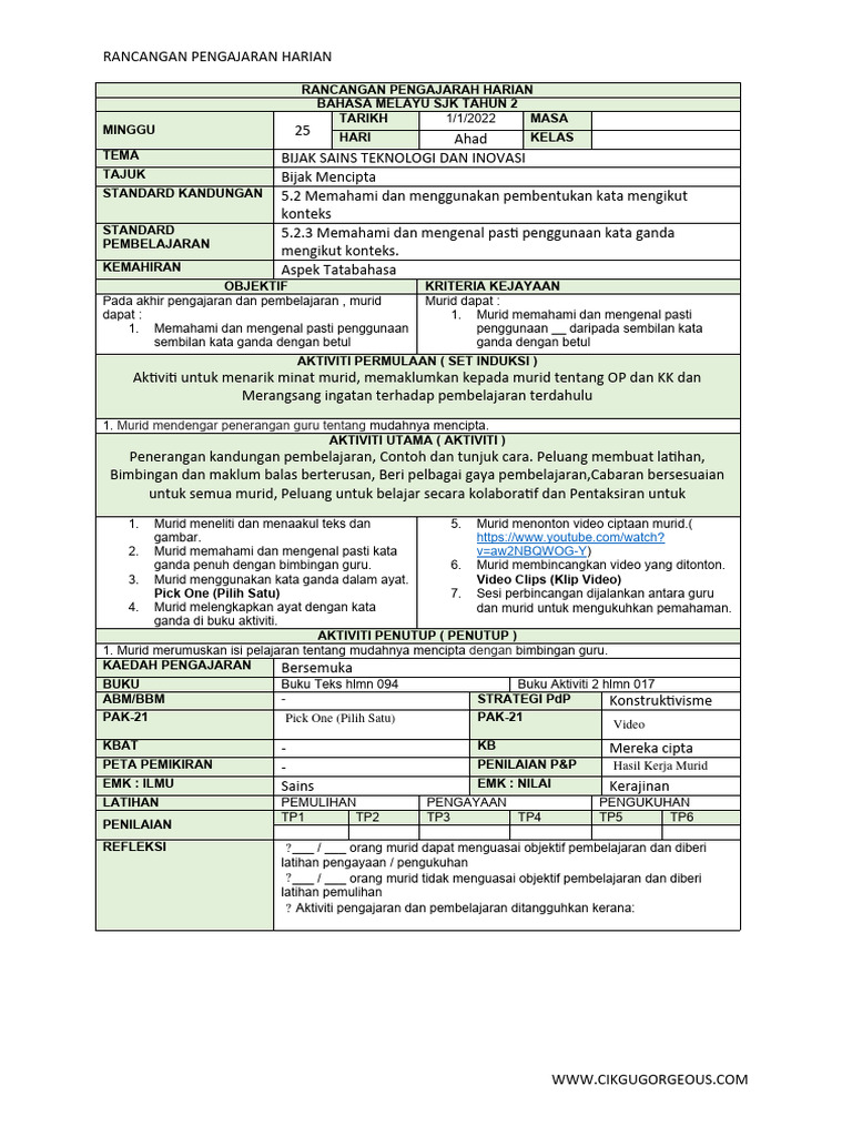 RPH Minggu 25 BM SJK THN 2 by Cikgu Gorgeous | PDF