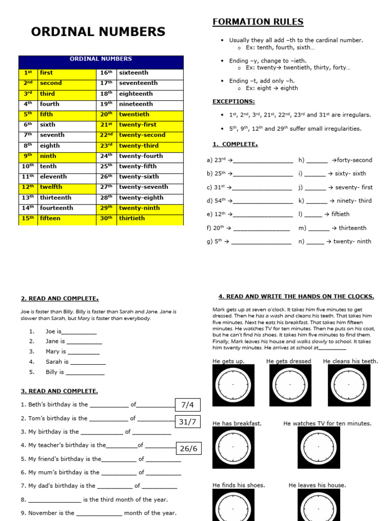 Ordinal Numbers and Time Activities | PDF
