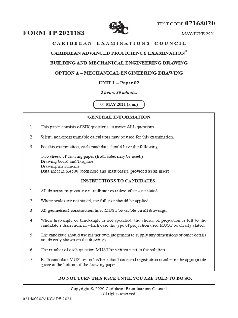 CAPE Building Mechanical Engineering Drawing Unit 1 Past Papers - 2005 ...