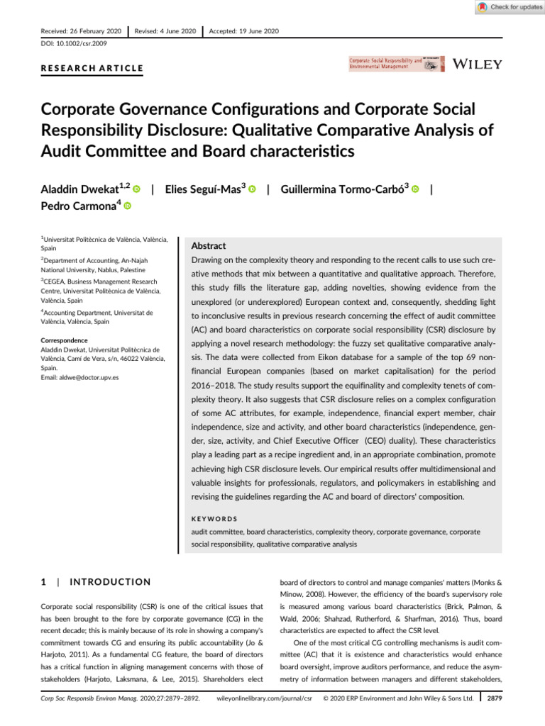 Corp Soc Responsibility Env - 2020 - Dwekat - Corporate Governance Configurations and Corporate ...