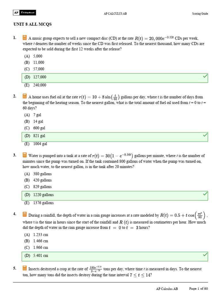 AP Calculus AB Unit 8 MCQs | PDF | Acceleration | Velocity
