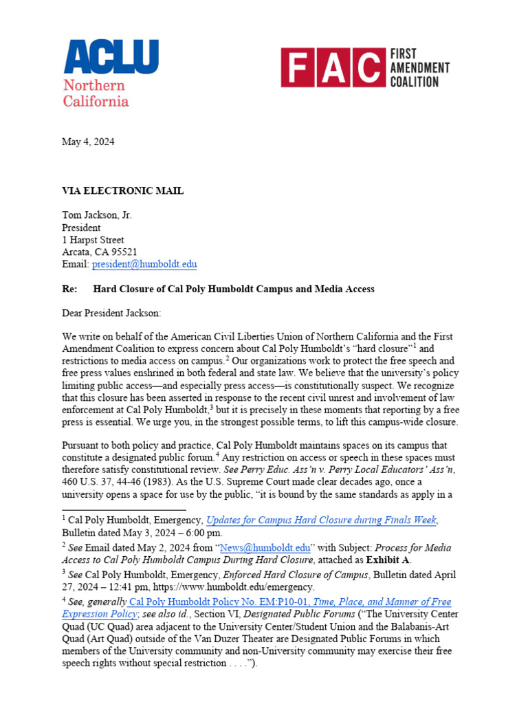 2024.05.04 Final Letter To Cal Poly Humboldt From ACLU and FAC | PDF ...