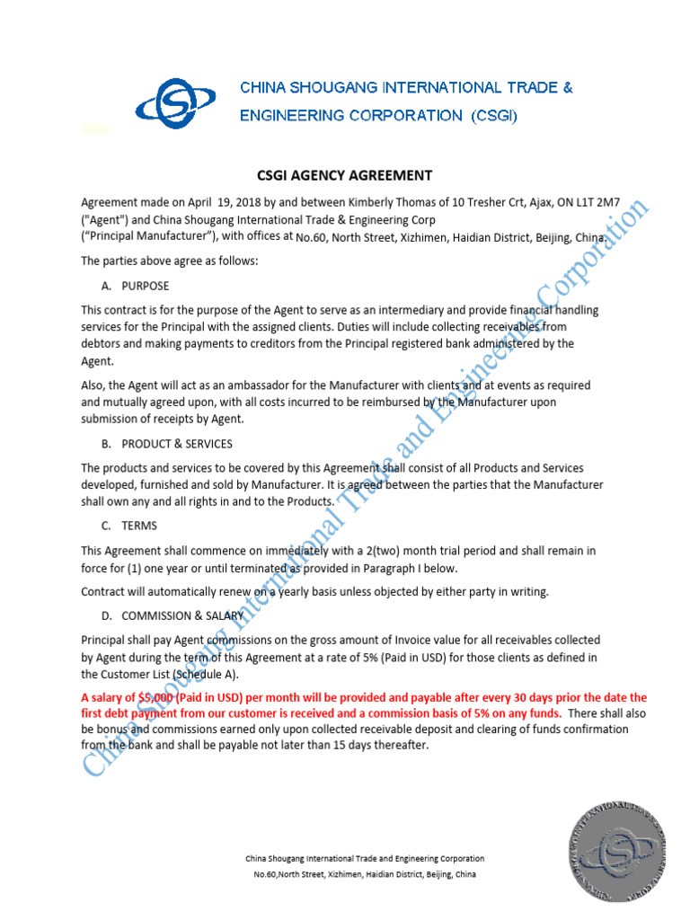 CSGI OFFICIAL AGENCY AGREEMENT-Kimberly | PDF | Employment | Accounts ...