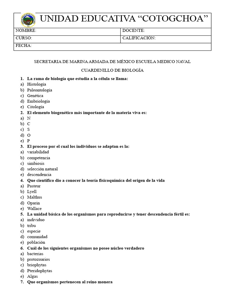 Cuestionario de Biologia | PDF | Plantas | Biología Celular)
