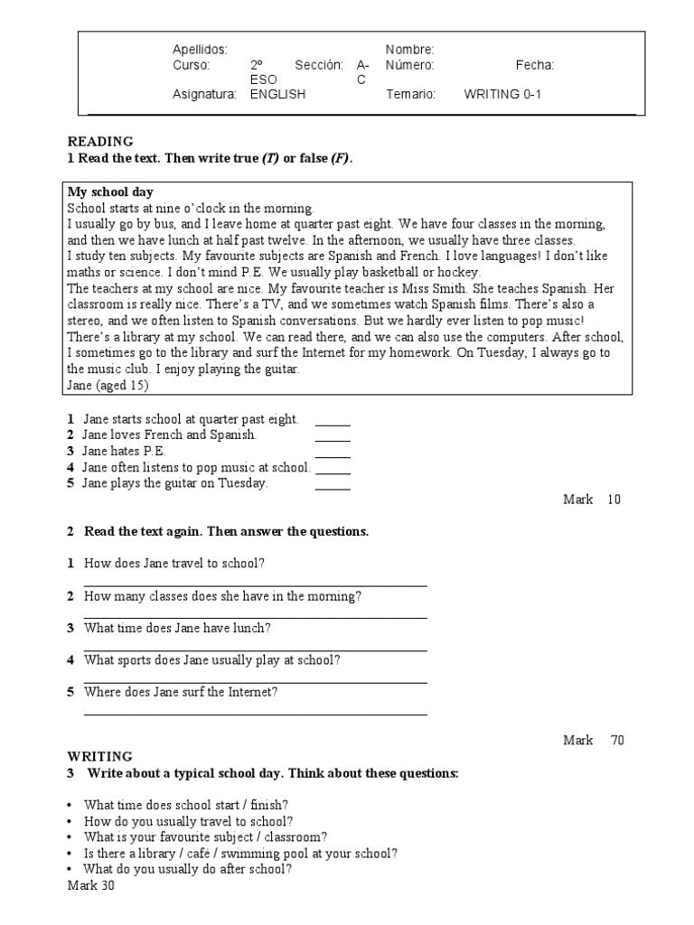 writing and reading exam 2º ESO