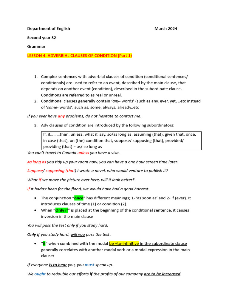 Adverbial Clauses of Condition (Part 1 and 2) | PDF | Grammar ...