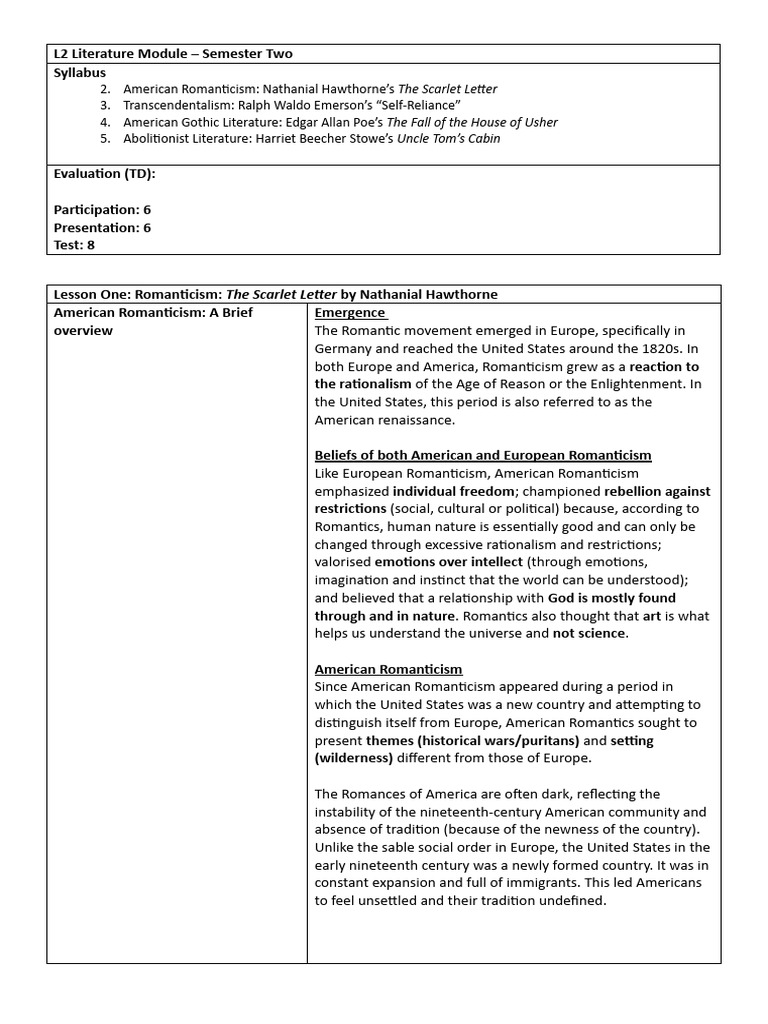 L2 Literature Semester2 | PDF | Romanticism | Transcendentalism