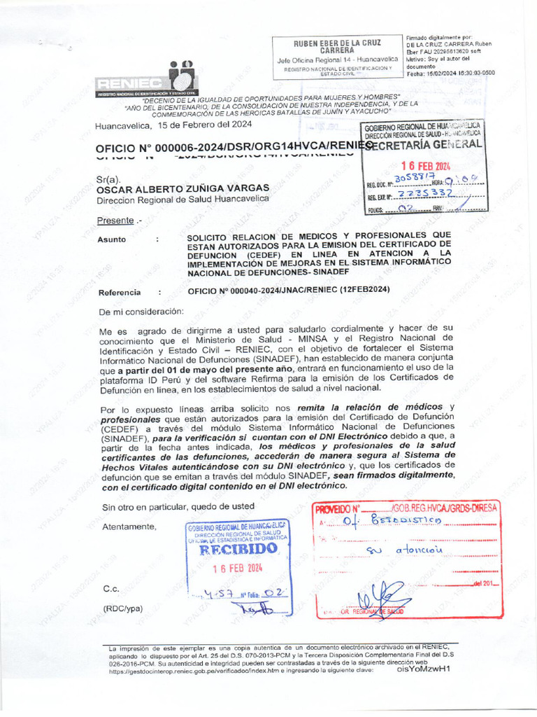 Oficio Nro. 000006 y 0000008-2024 RENIEC | PDF