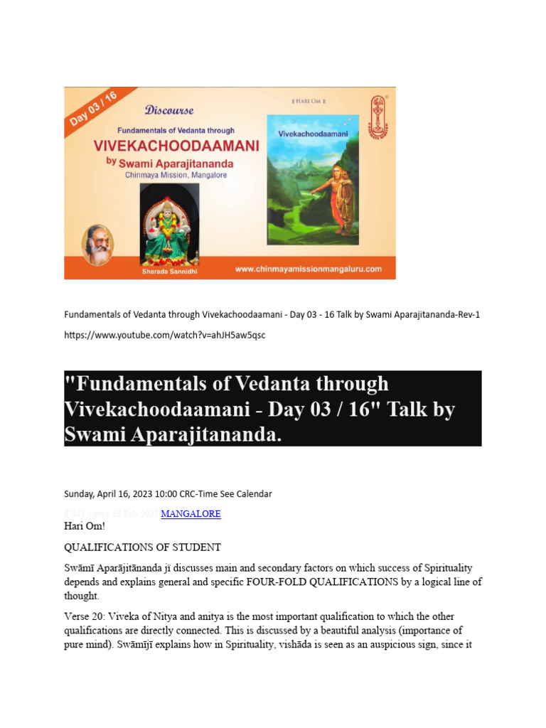 Fundamentals of Vedanta Through Vivekachoodaamani - Day 03 - 16 Talk by Swami Aparajitananda-Rev ...