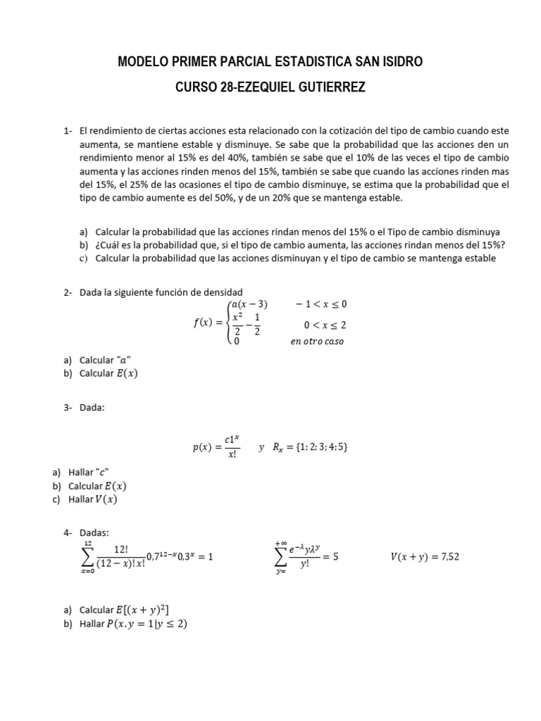 Modelo Parcial Estadistica | PDF | Probabilidad | Matemáticas Aplicadas