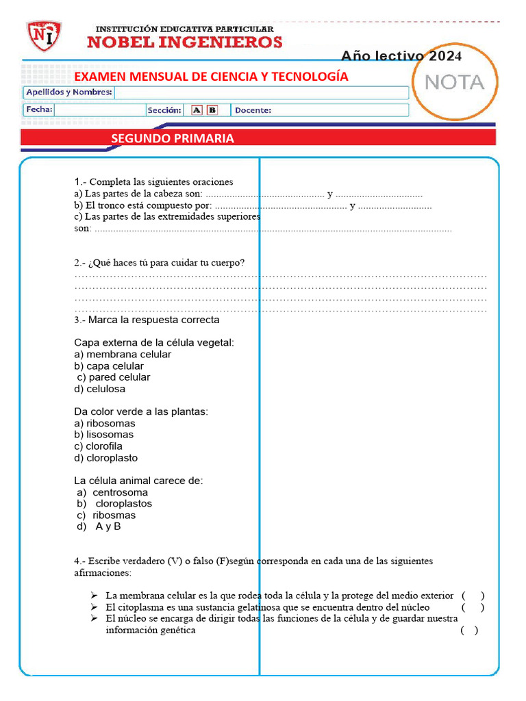 Examen Mensual de Ciencia 2° Primaria | PDF