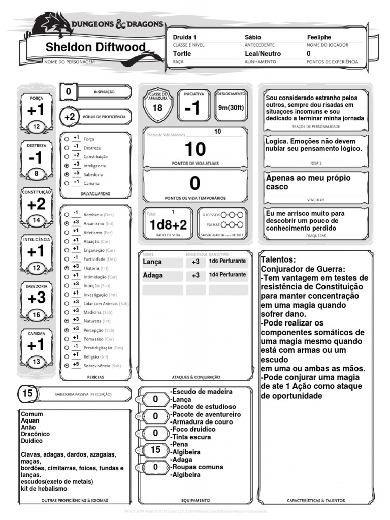 Ficha de D&D (Sheldon Driftwood) (Level 1) | PDF