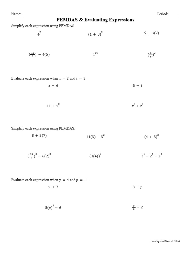 PEMDAS Practice Worksheets | PDF | Teaching Methods & Materials