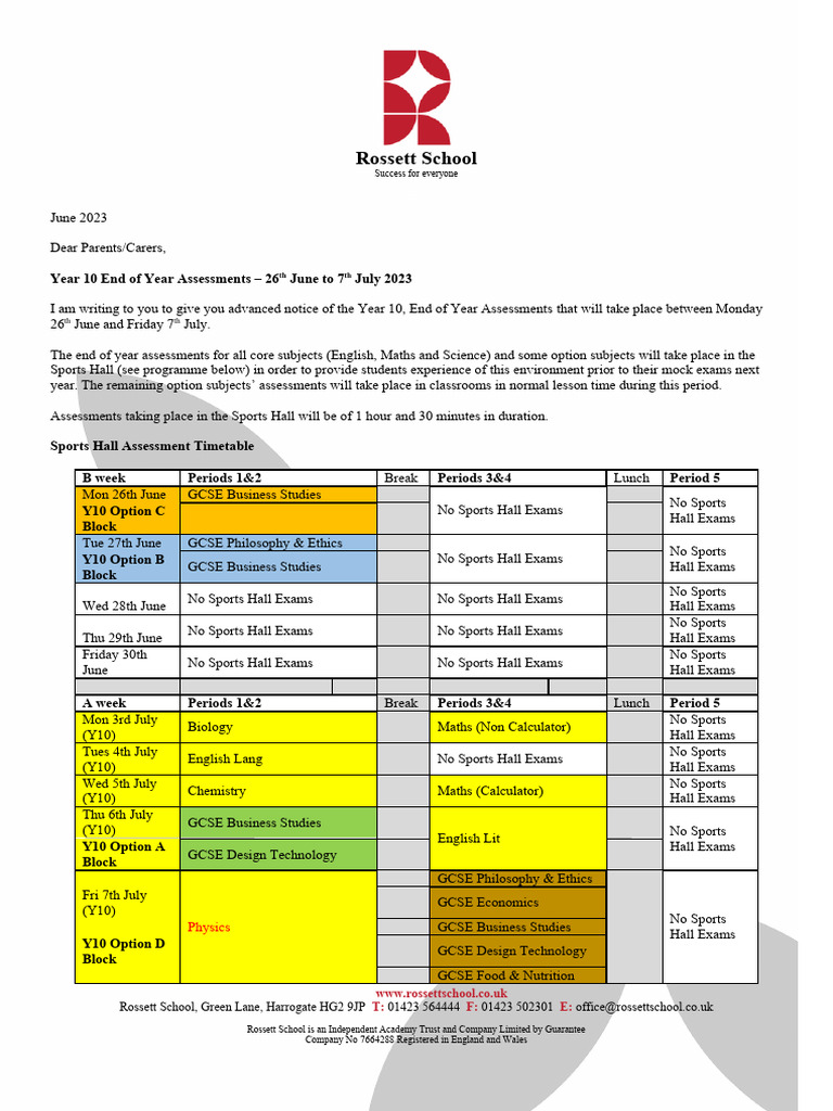 Year 10 End of Year Assessments Letter To Parents June 2023 | Download Free PDF | Behavior ...