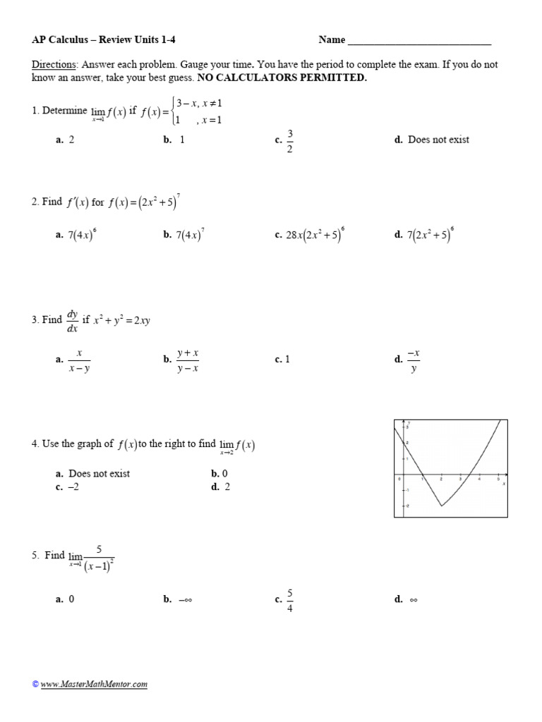 AP Calculus Units 1-4 Exam Review | PDF | Tangent | Derivative