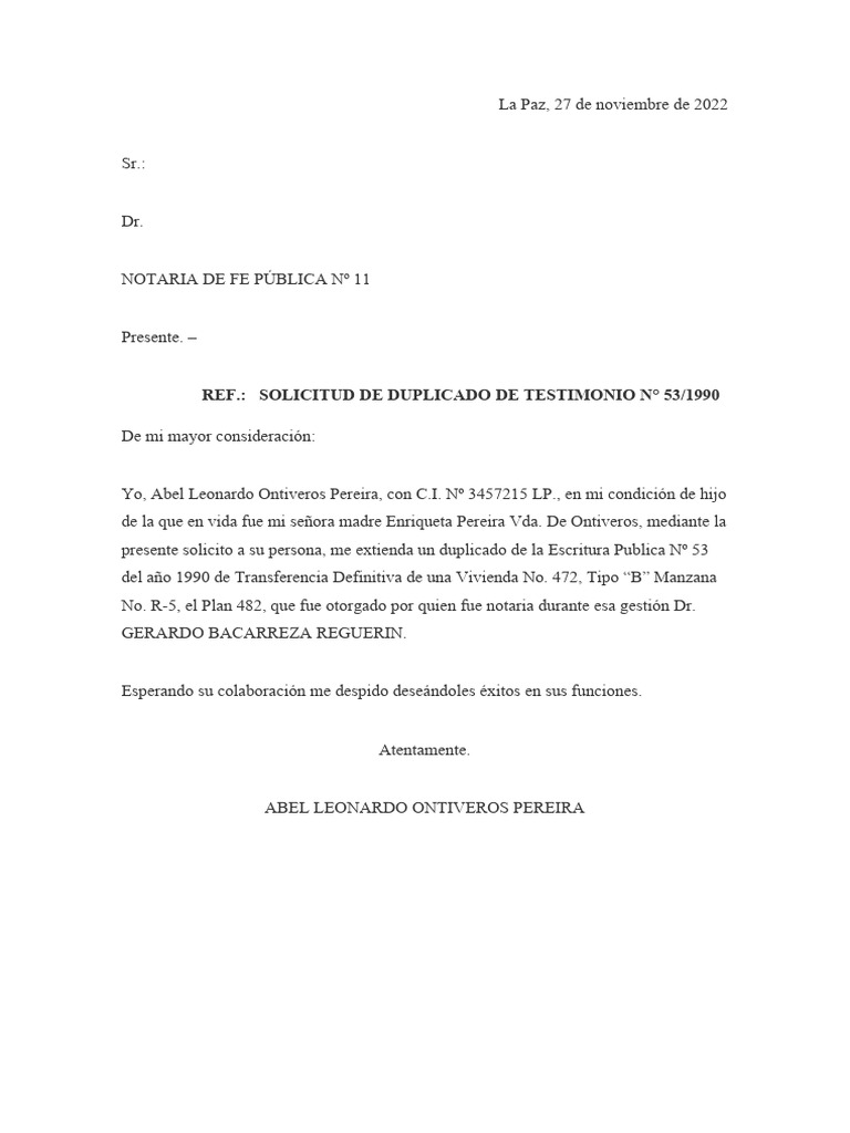 Carta de Solicitud de Testimonio | PDF Carta de Solicitud de Testimonio | PDF