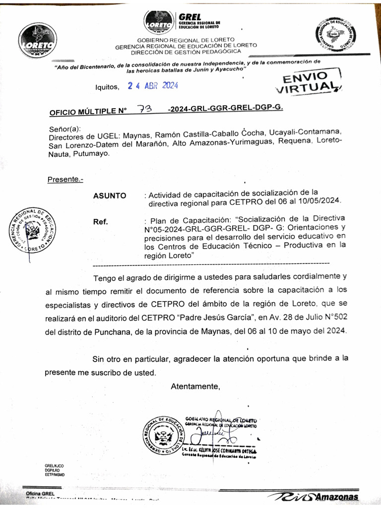 Oficio Múltiple N°73-2024-GRL-GGR-GREL-DGP-G | PDF