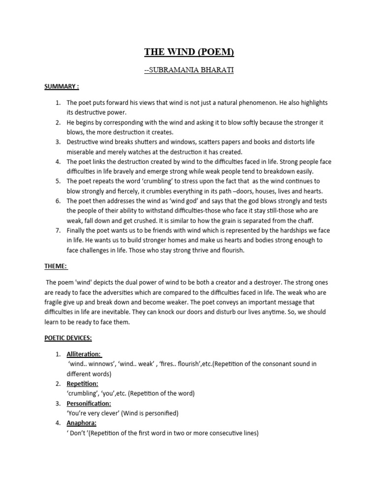 The Wind (Poem) | Download Free PDF | Poetry | Wound