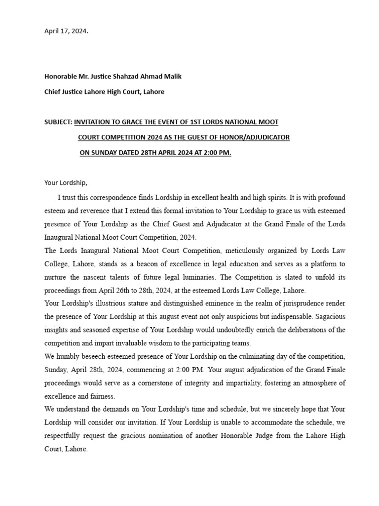 Invitation to Chief Justice Malik | PDF | Business | Religion ...