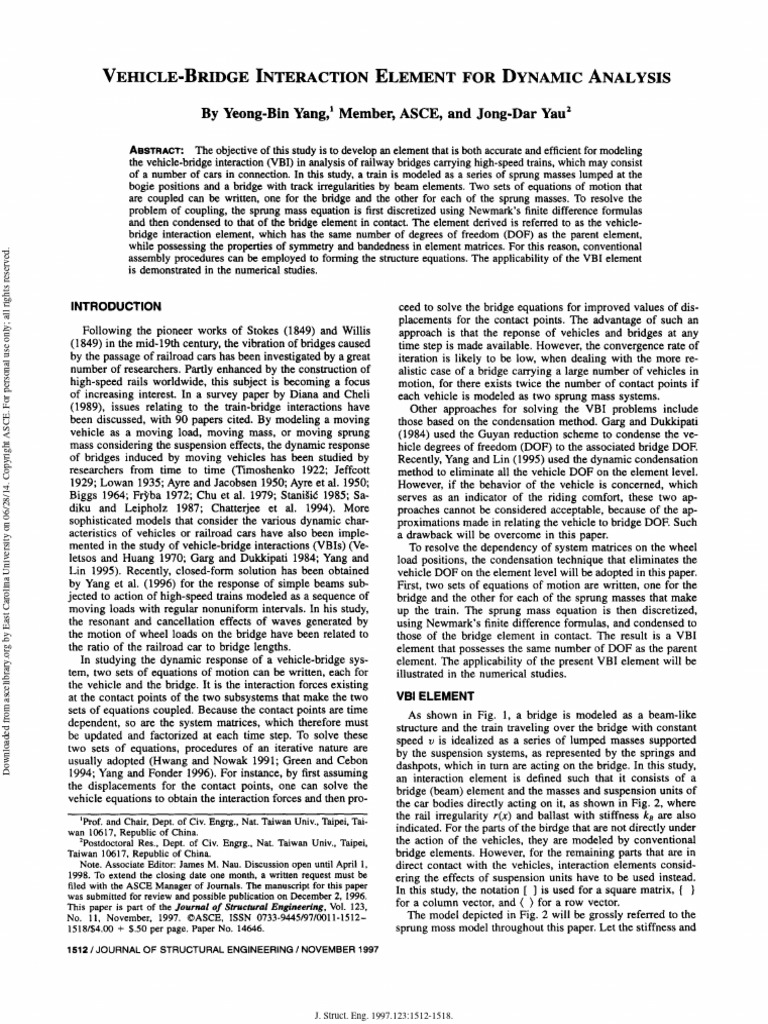 Vehicle-Bridge Interaction Element For Dynamic Analysis Asce | PDF ...