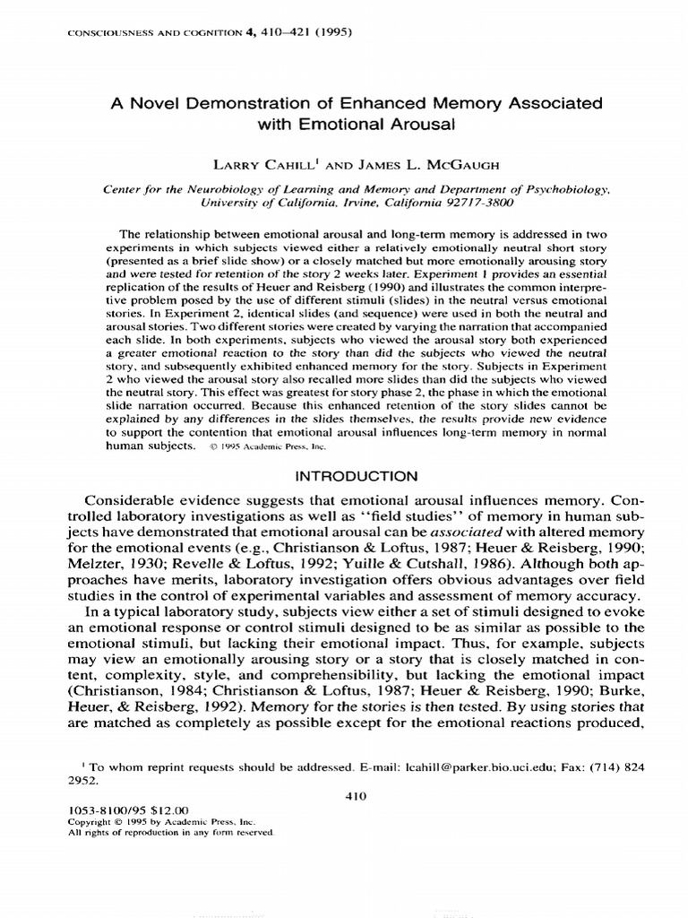 Cahill & McGaugh Et Al 1995 A Novel Demonstration of Enhanced Memory ...