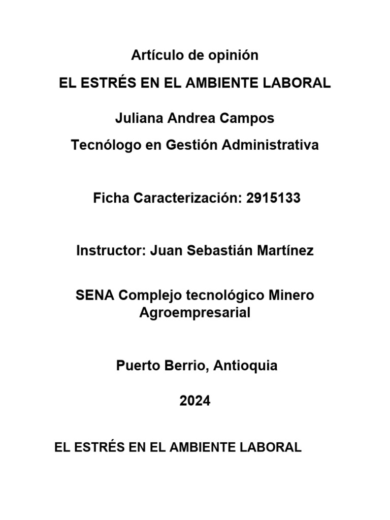 Artículo de Opinión Andrea EL ESTRÉS EN EL AMBIENTE LABORAL | PDF | Estrés (biología) | Ciencias ...